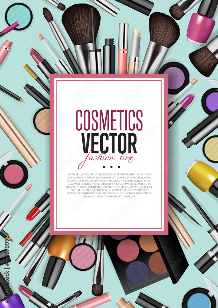 Cosmetics products, fashion makeup banner. Brushes, powder palettes ...