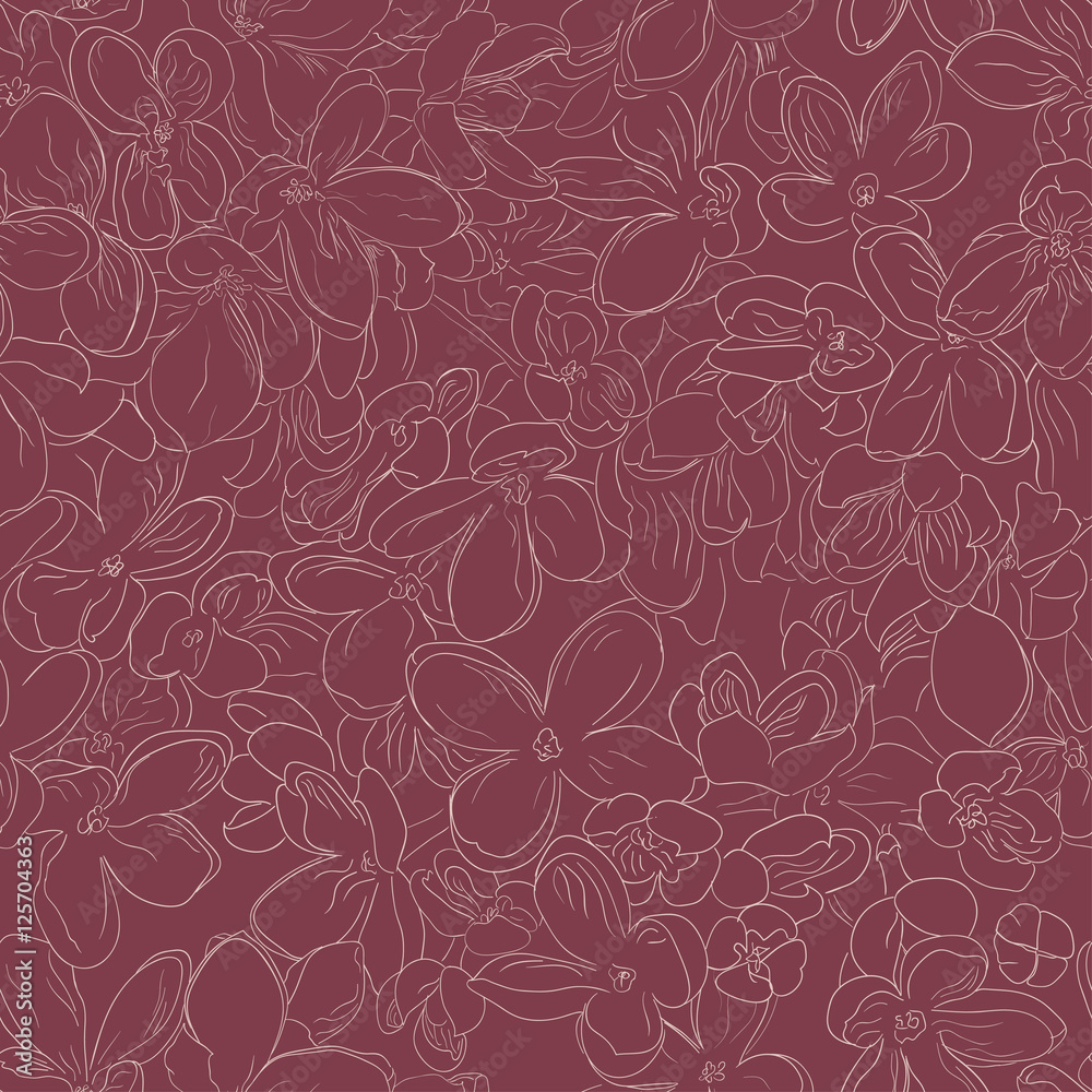 Seamless floral pattern background outline lilac flower on vinous color ...