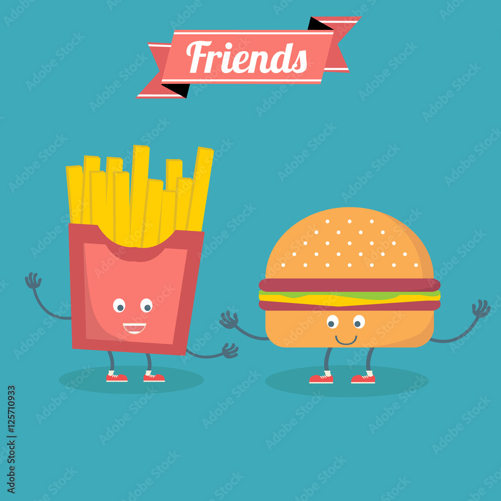 Vector cartoons of comic characters burger and fries . Friends forever ...