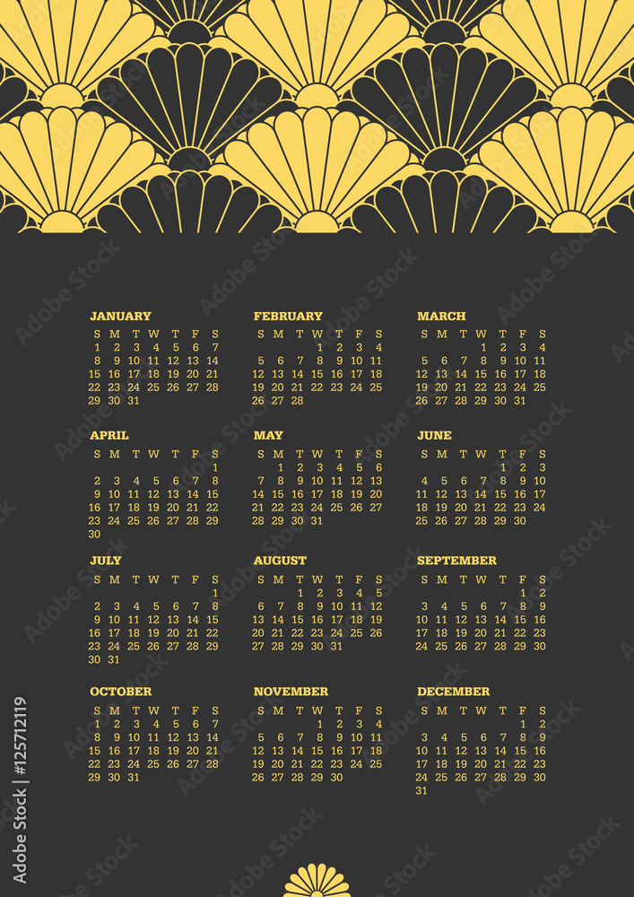 Japanese styled 2017 calendar. Week starts on Sunday. Vector design ...