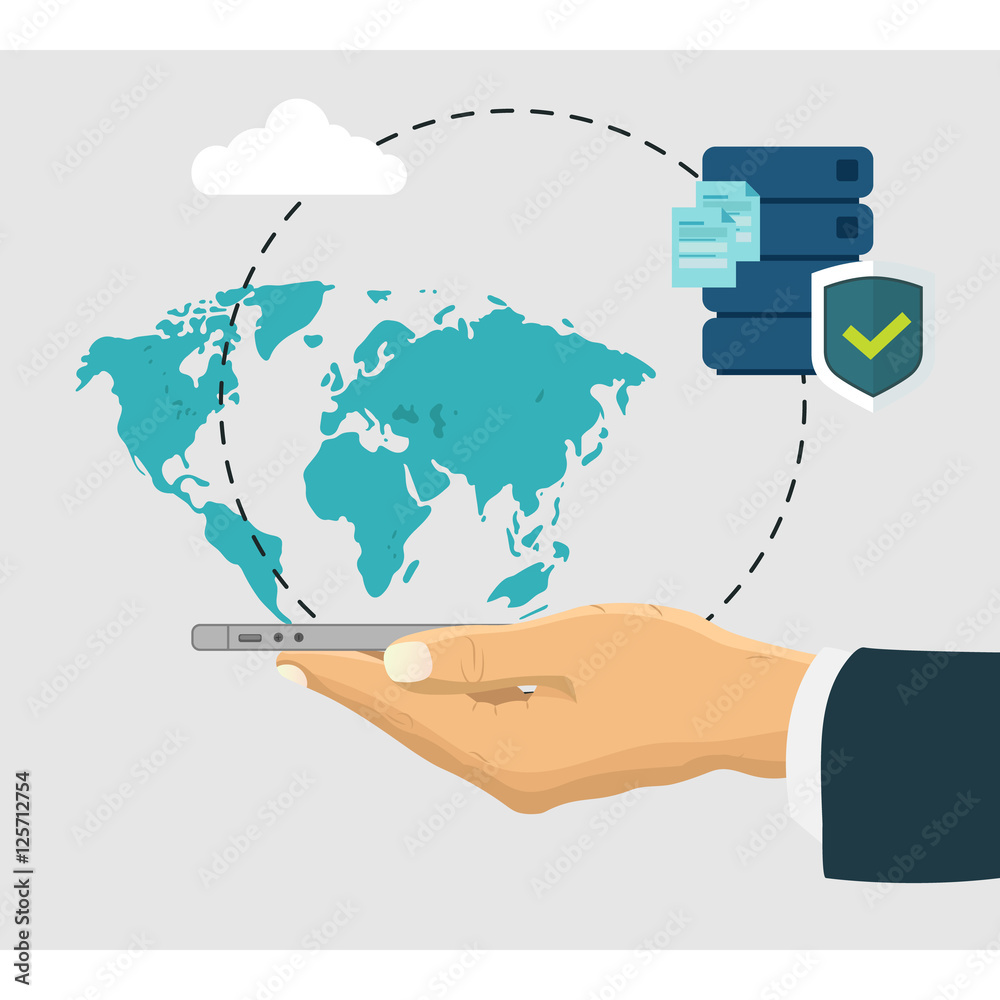 Vector virtual cloud data process with hand holding the phone. Flat ...