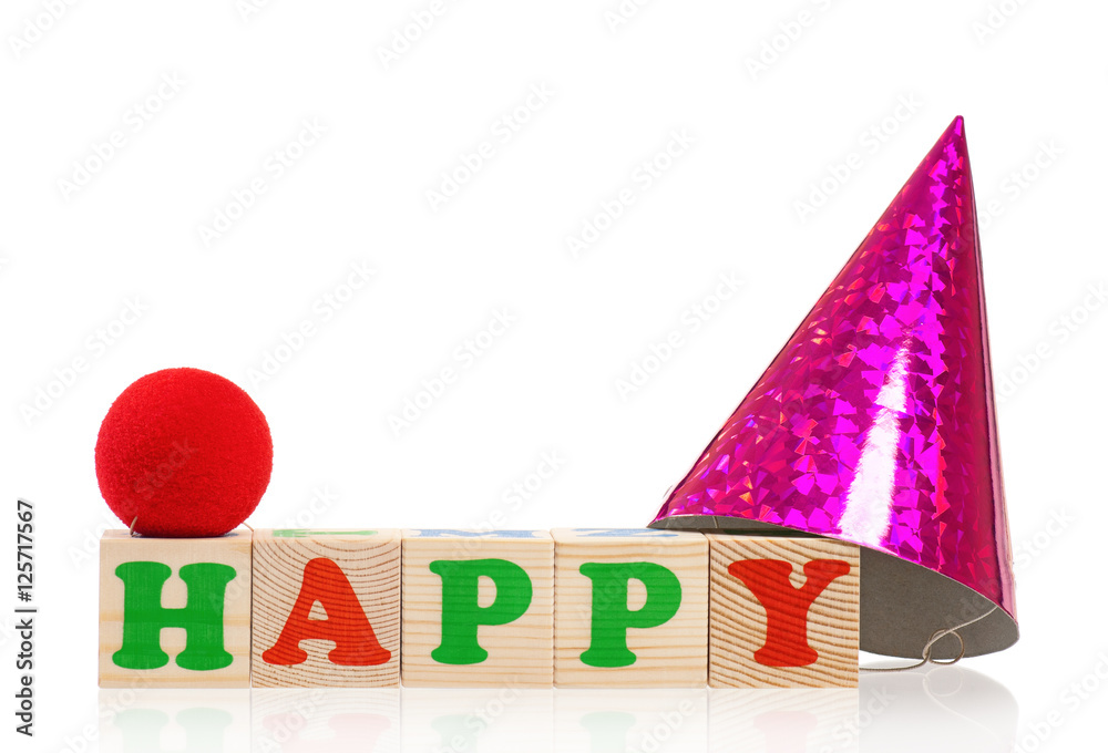 Happy word formed by colorful wooden alphabet blocks, isolated on white ...