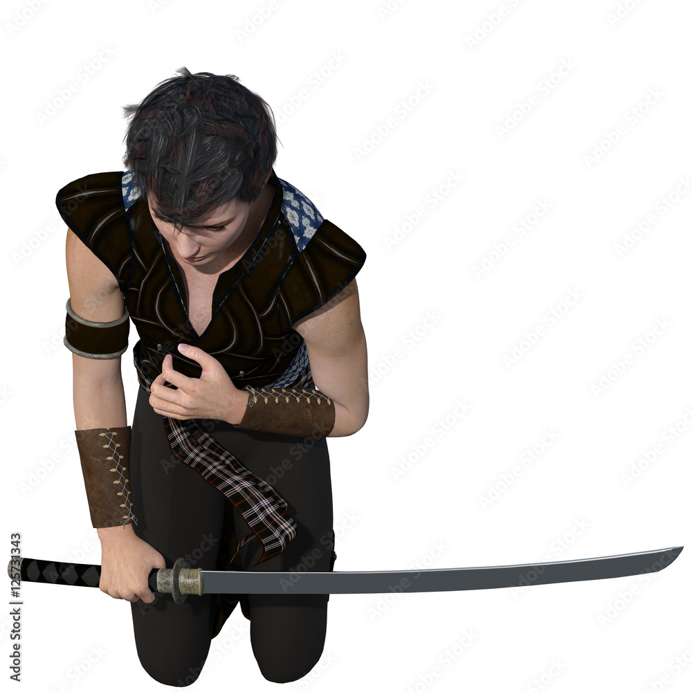 A warrior from an ancient time in light armor with a sword. He stands ...