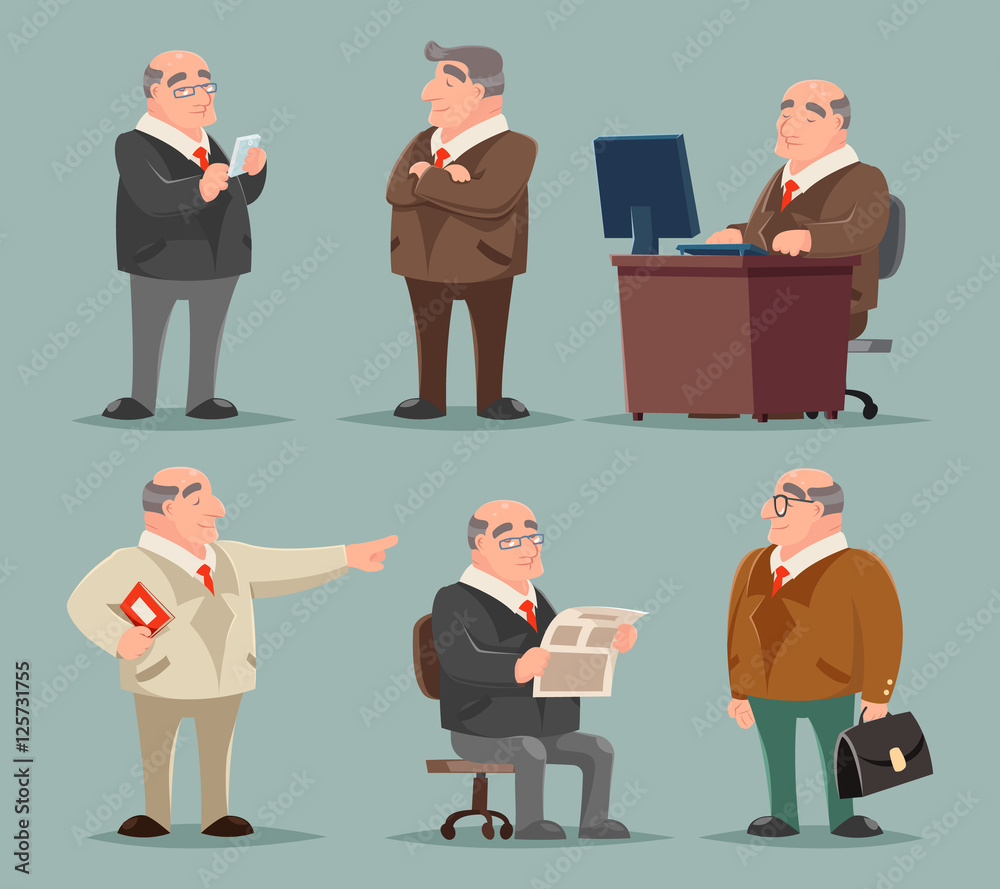 Businessman Big Boss Adult Old Man Character Cartoon Design Set Vector ...