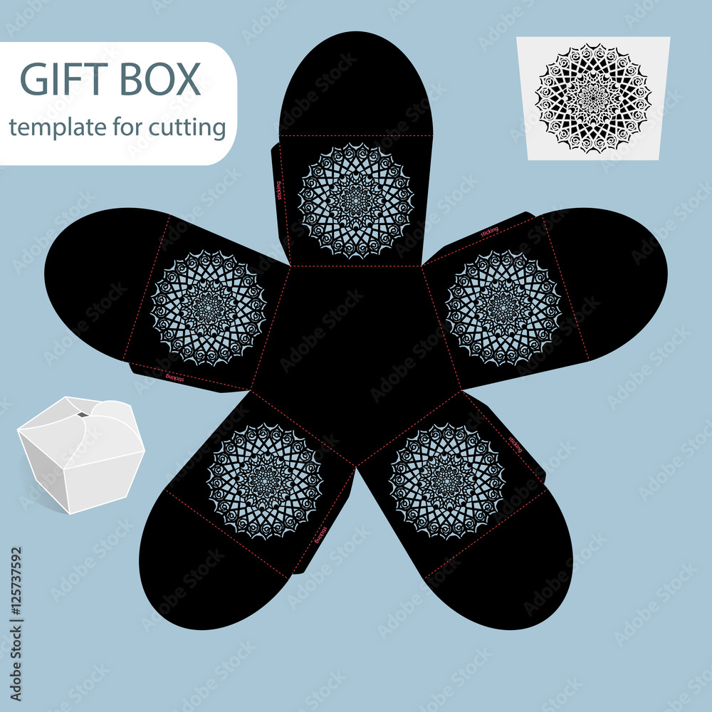 Openwork gift paper box, lace pattern, pentagonal bottom, cut out ...