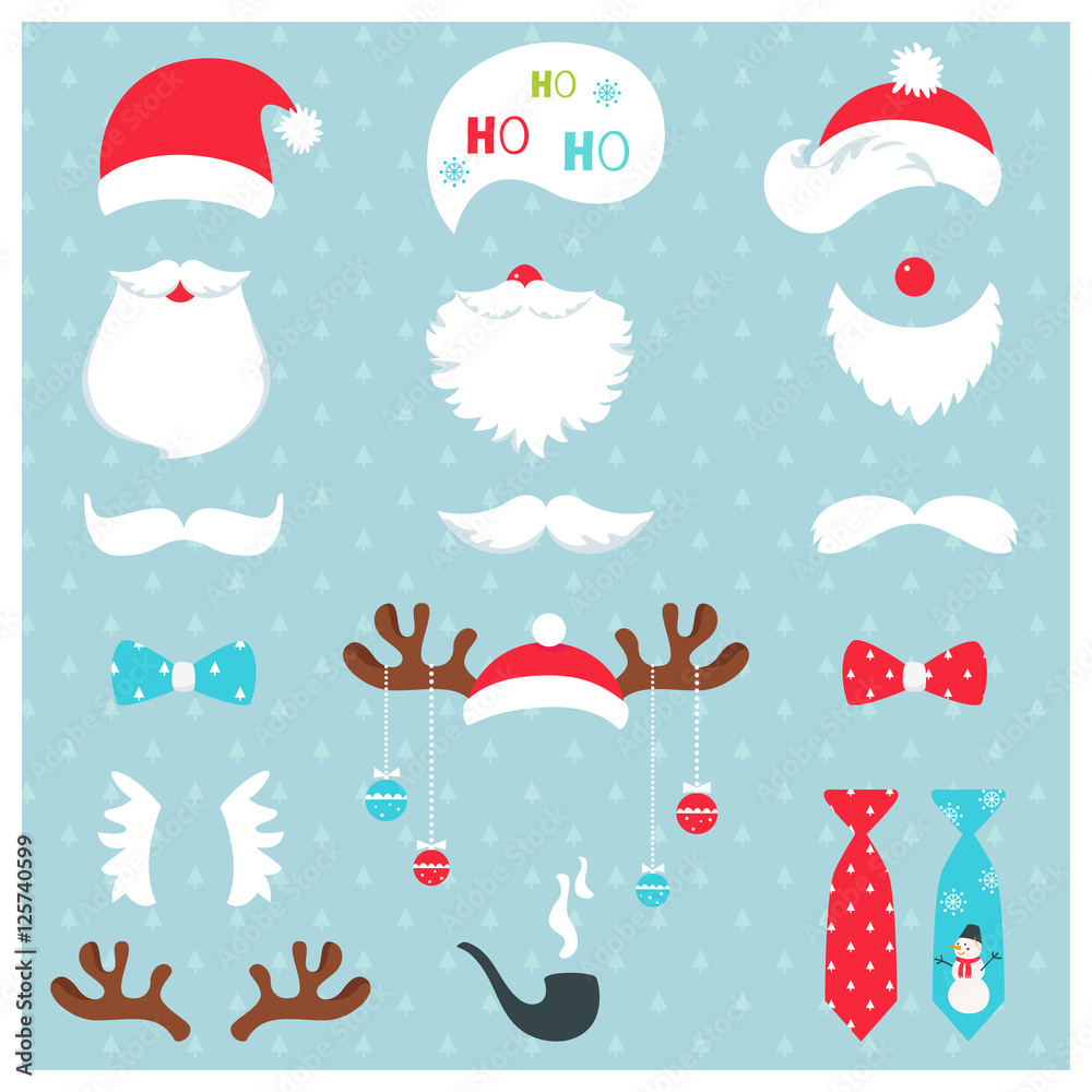 Christmas Santa Claus and Reindeer Photo Booth Props Vector Set Stock ...