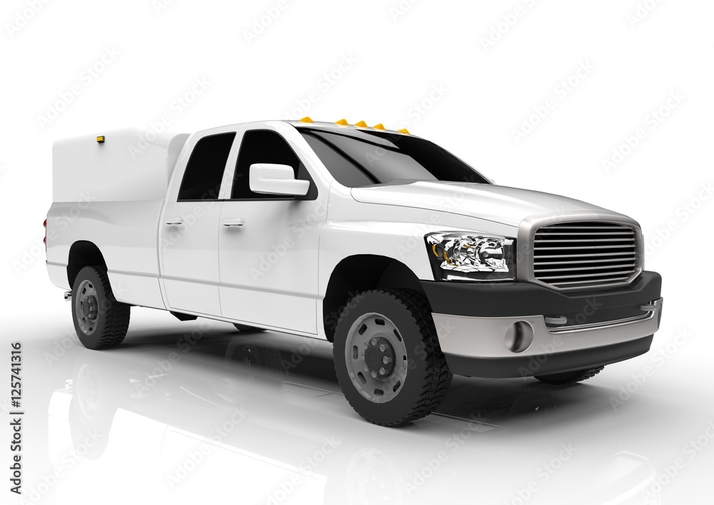 White commercial vehicle delivery truck with a double cab and a van ...