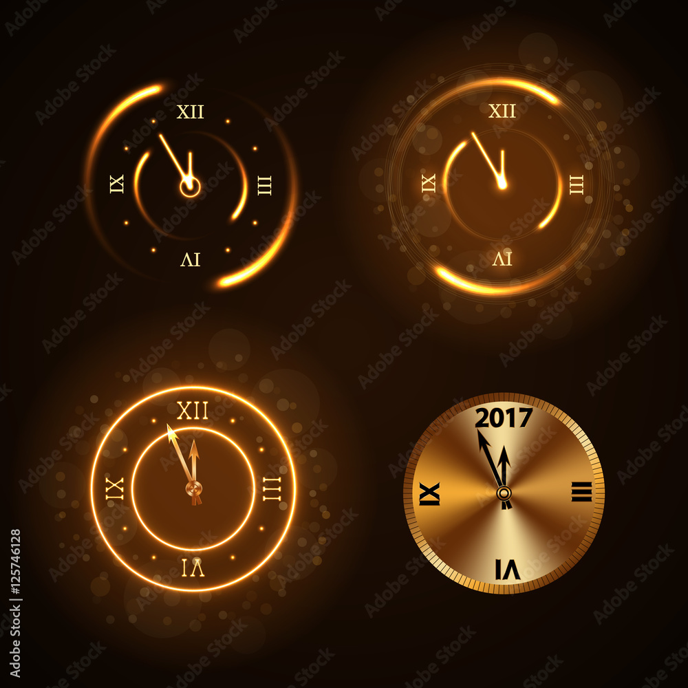 Gold christmas magic clocks set background. Golden shiny design with ...