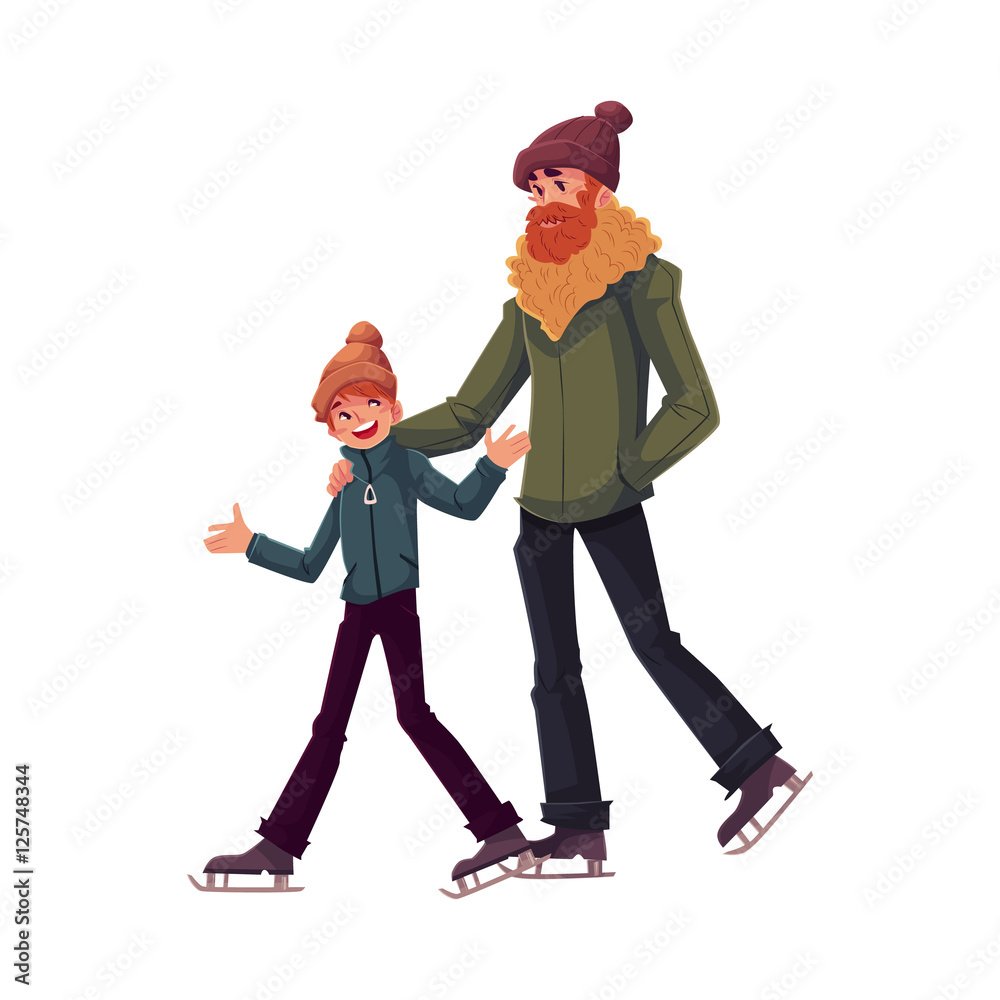 Happy father and son ice skating together, cartoon vector illustrations ...