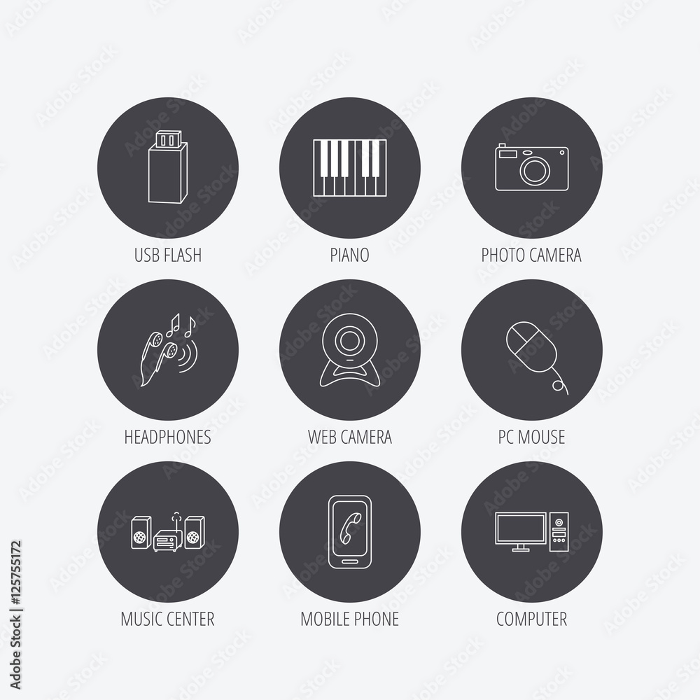 Smartphone, web camera and USB flash icons. Headphones, piano and photo ...