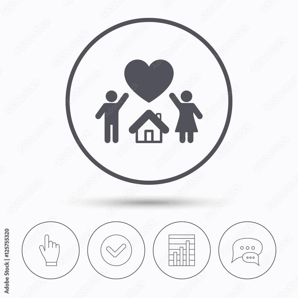 Family icon. Father, mother and child symbol. Chat speech bubbles ...