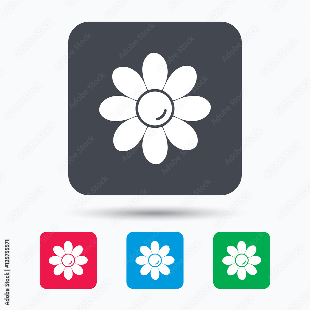 Flower icon. Florist plant with petals symbol. Colored square buttons ...