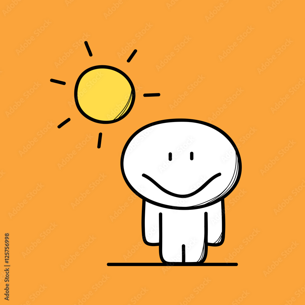 Cute funny man with smile on his face and the sun on the orange ...