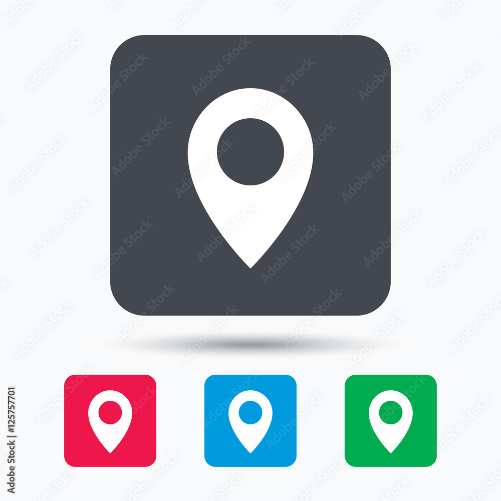 Location icon. Map pointer symbol. Colored square buttons with flat web ...