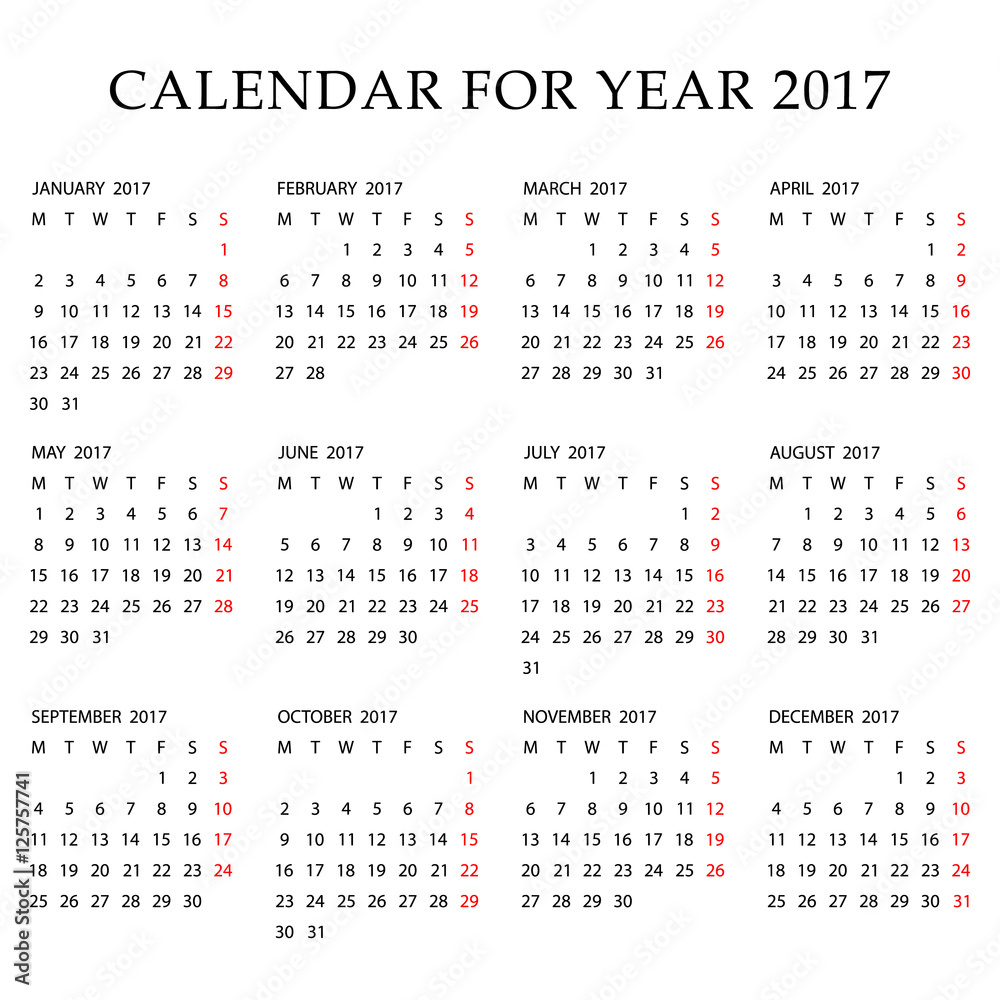 Simple 2017 Calendar - week starts with Monday, isolated on white ...