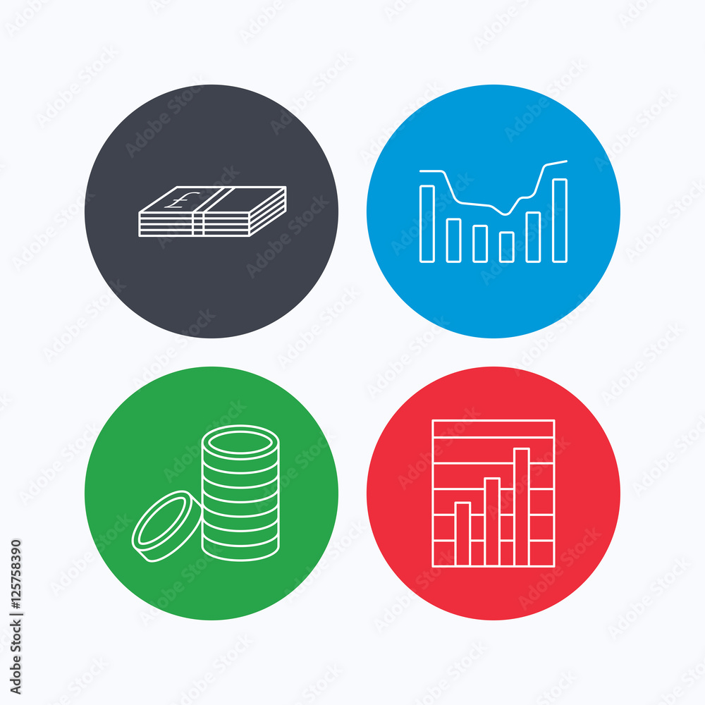 Cash money and dynamics chart icons. Coins linear sign. Linear icons on ...