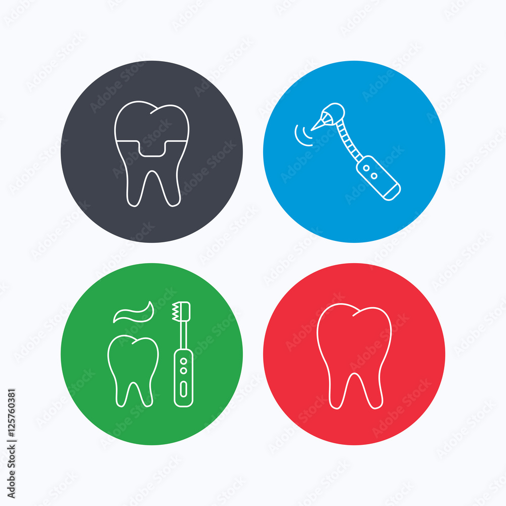 Brushing teeth, tooth and dental crown icons. Drilling tool linear sign ...