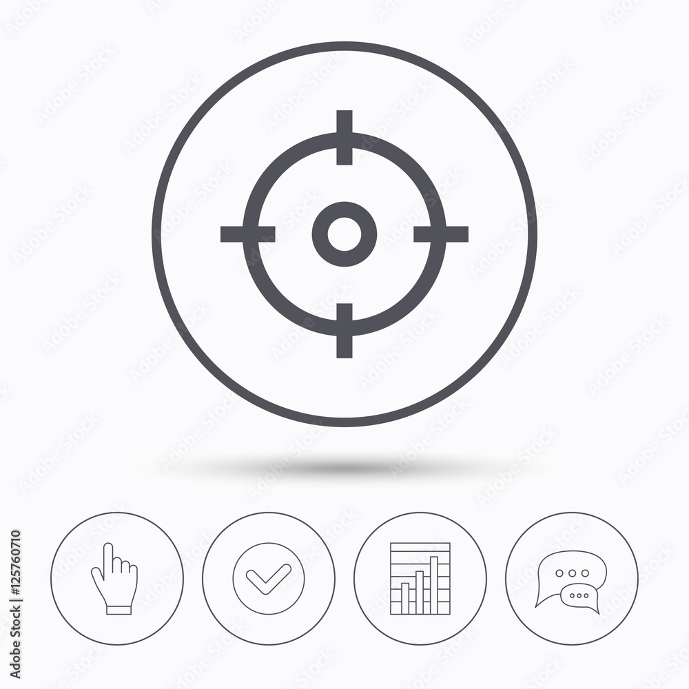 Target icon. Crosshair aim symbol. Chat speech bubbles. Check tick ...