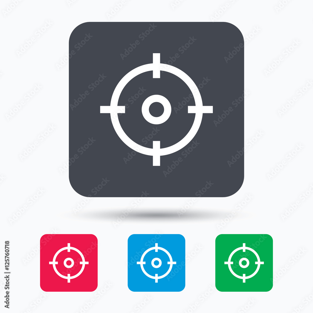 Target icon. Crosshair aim symbol. Colored square buttons with flat web ...