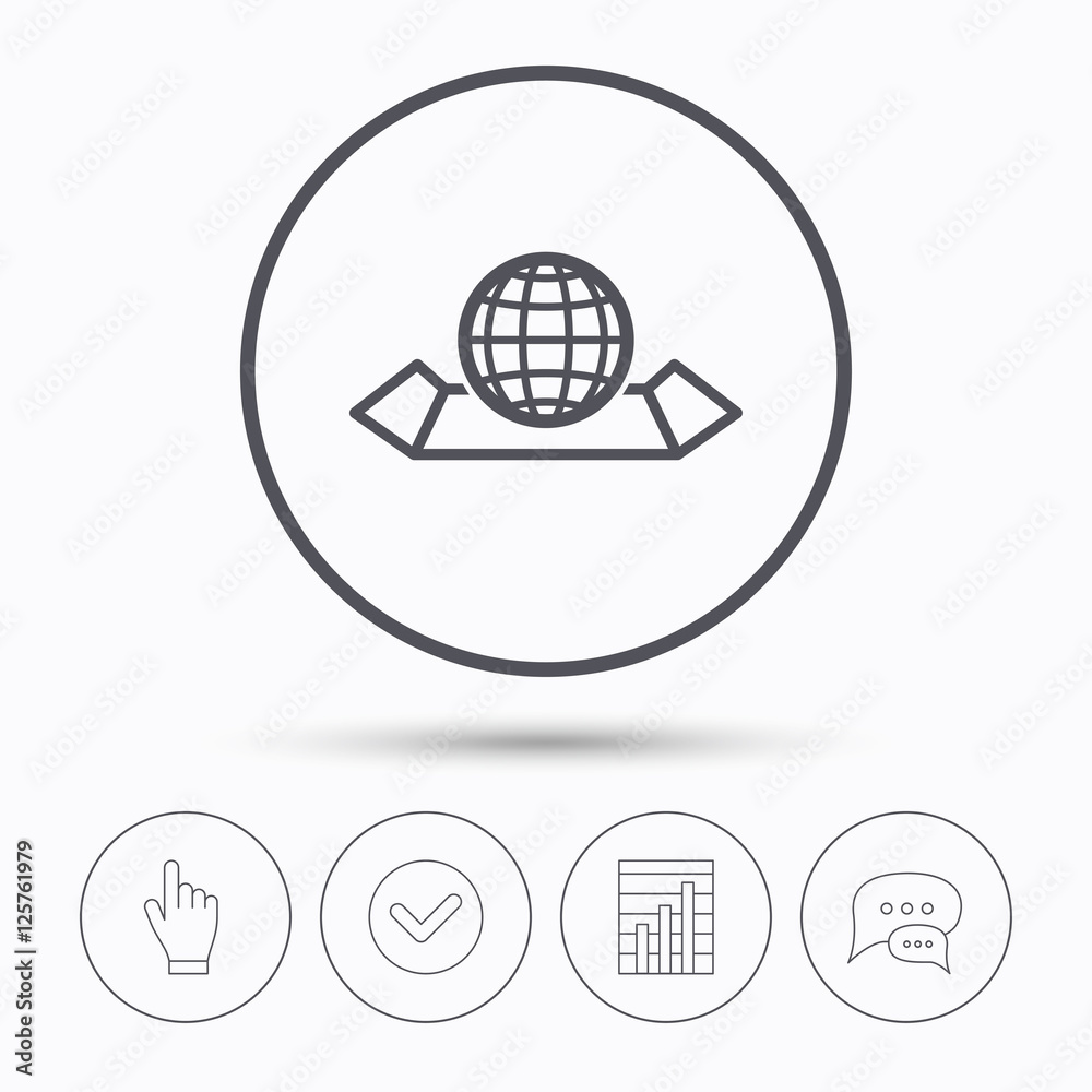 World map icon. Globe sign. Travel location symbol. Chat speech bubbles ...