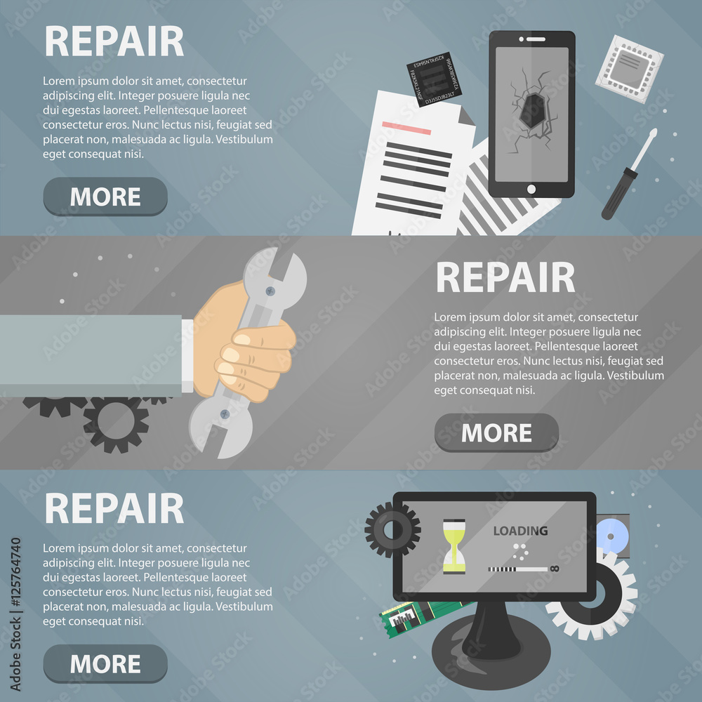 Vector flat horizontal banners of repair for websites. Business concept ...