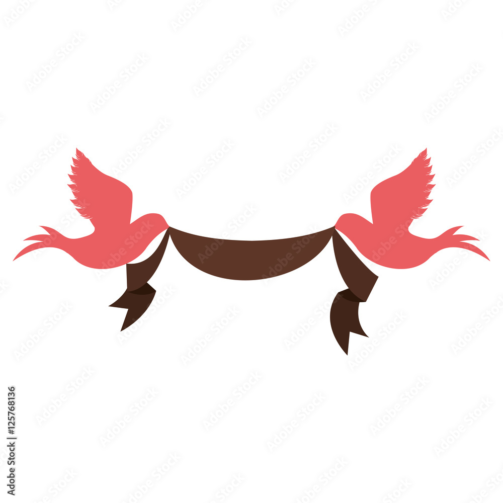 pink doves birds holding a brown ribbon over white background. vector ...