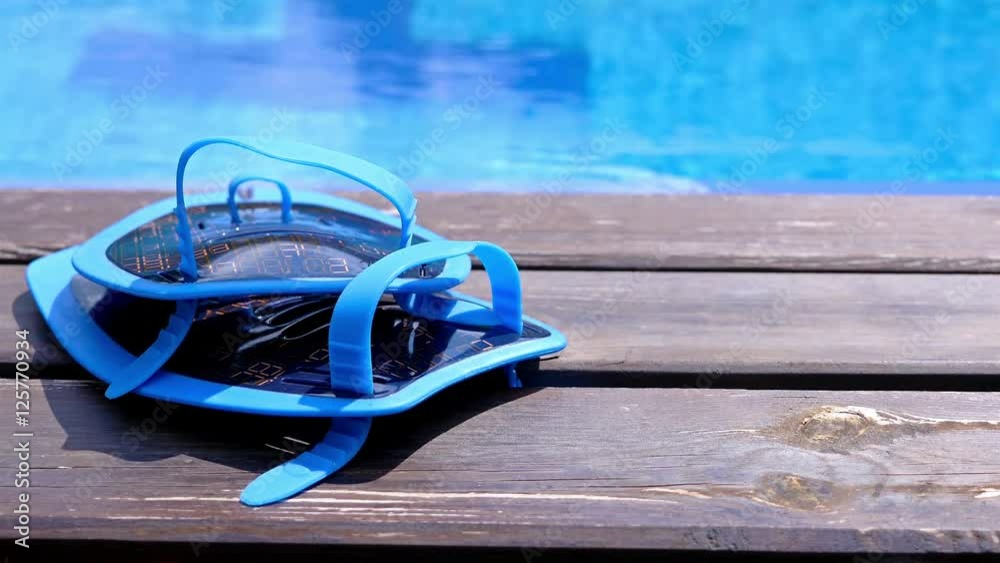 Swimming equipment on the edge of a swimming pool, dolly Stock Video ...