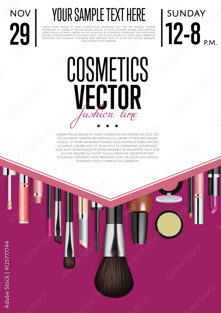 Cosmetics product presentation poster. Makeup accessories set ...