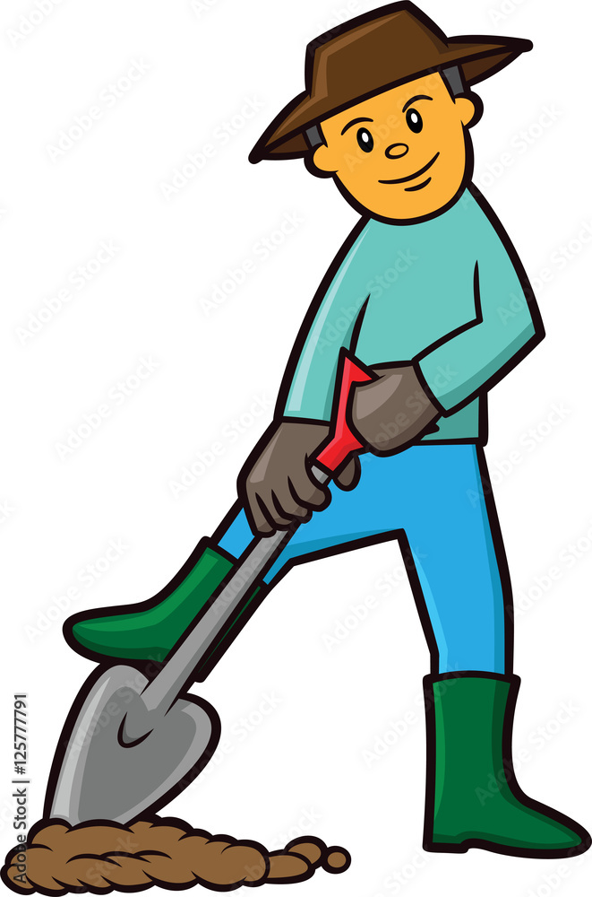 Farmer Digging Soil Cartoon Illustration Stock Vector | Adobe Stock