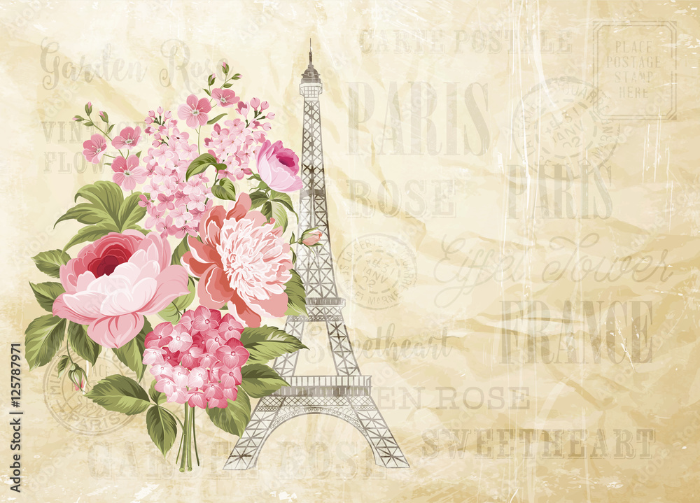 Vecteur Stock Eiffel tower icon with spring blooming flowers over old ...