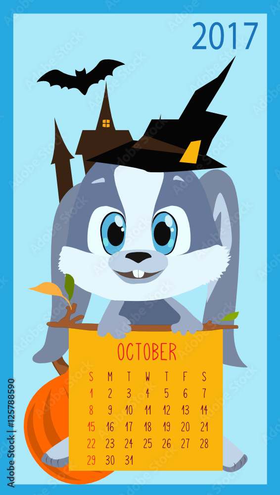 New calendar. October. Vector illustration with funny rabbit. Stock ...