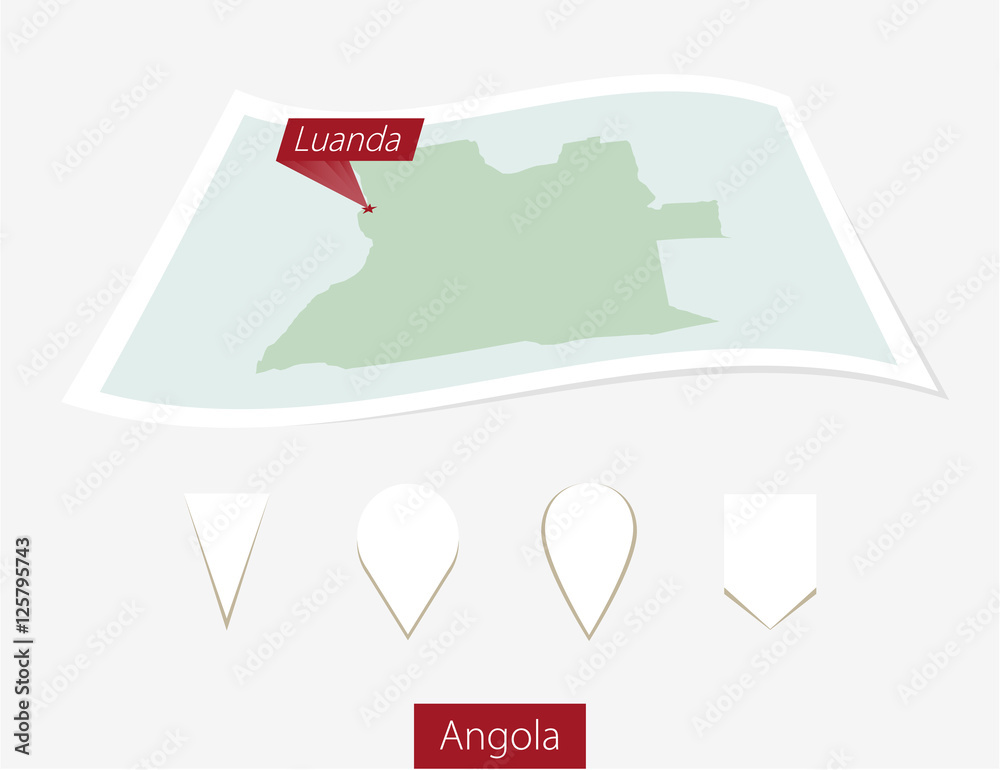 Curved paper map of Angola with capital Luanda on Gray Background. Four ...