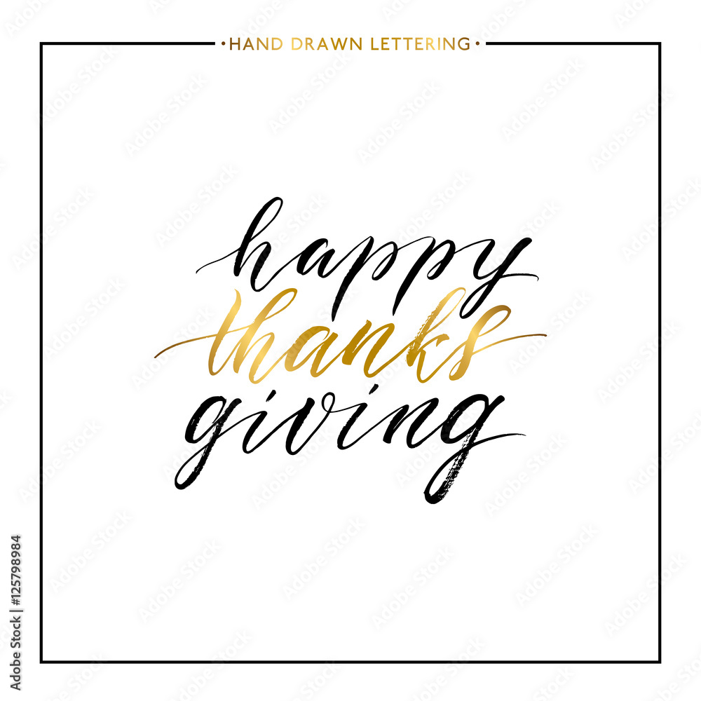 Happy Thanks Giving gold text isolated on white background, hand ...