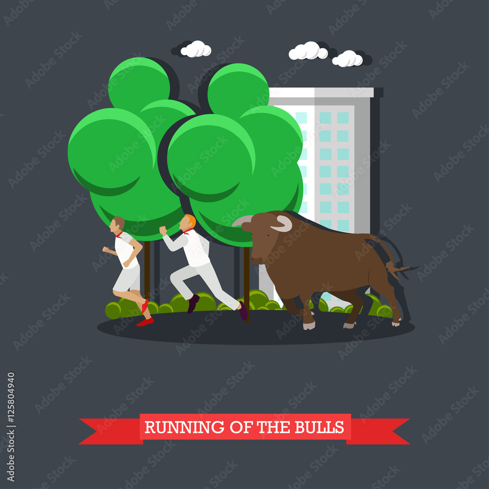 Running of the Bulls concept vector poster in flat style. People run in ...