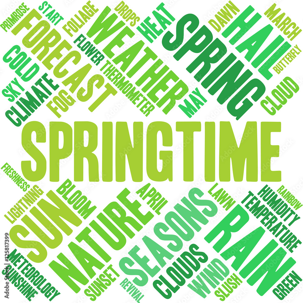 Springtime word cloud in shape of square on white background. Seasons ...