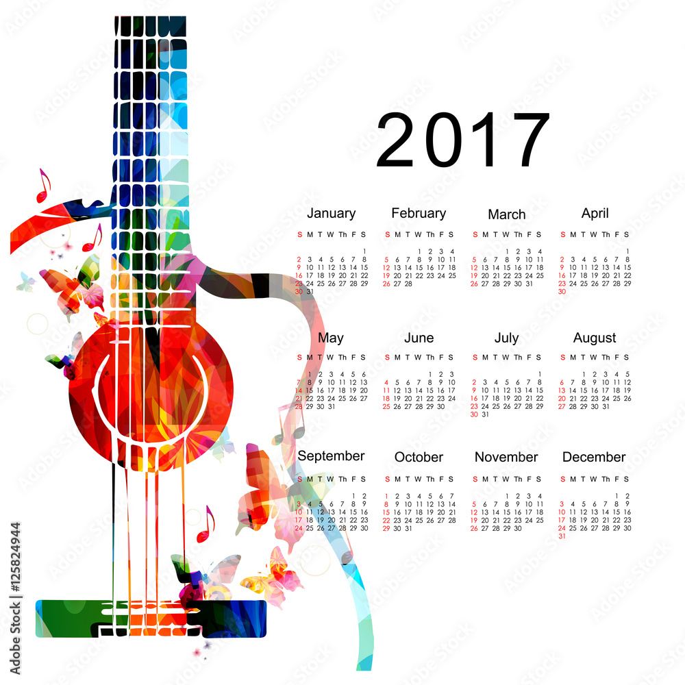 Calendar planner 2017 design template with colorful guitar. Music ...