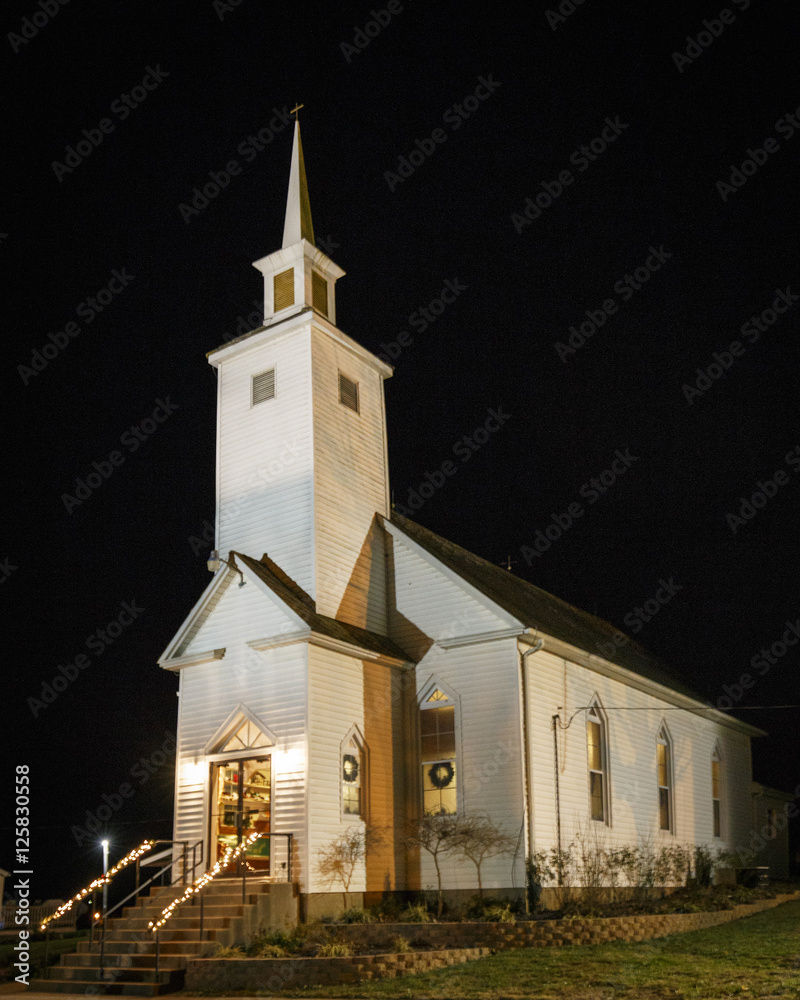 Old white country church at night Stock Photo | Adobe Stock