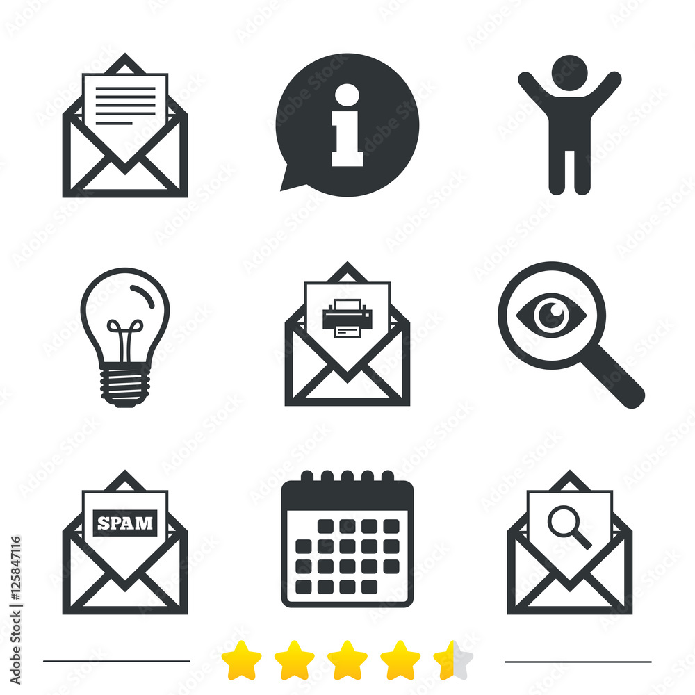 Mail envelope icons. Print message document symbol. Post office letter ...