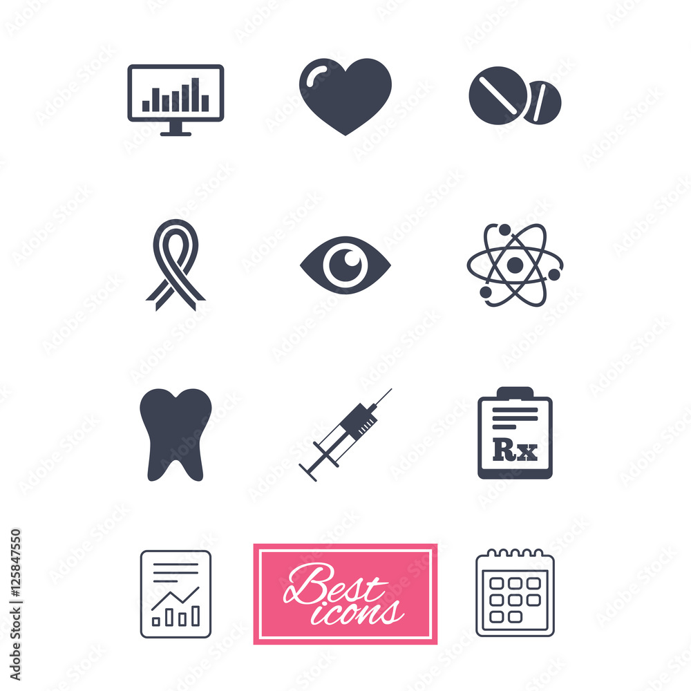 Medicine, medical health and diagnosis icons. Syringe injection, heart ...