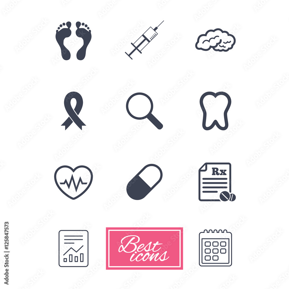 Medicine, medical health and diagnosis icons. Syringe injection ...
