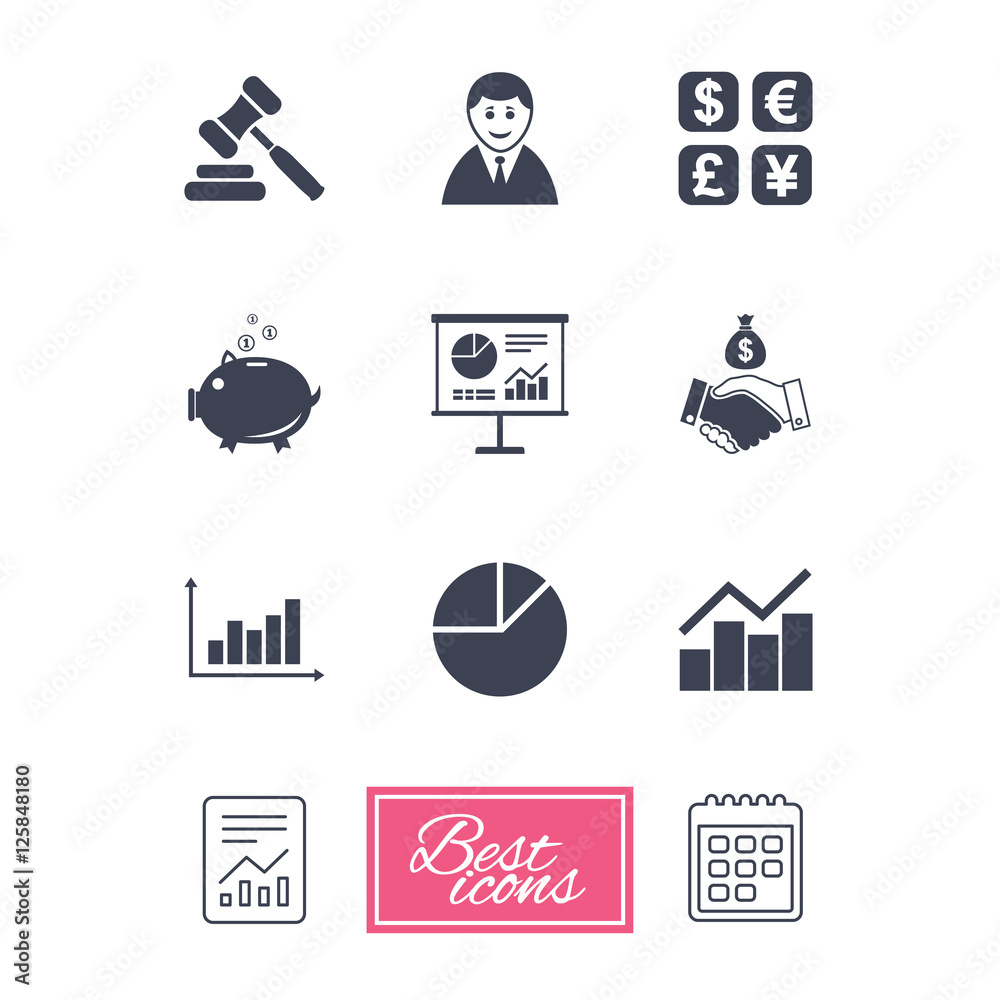 Money, cash and finance icons. Handshake, piggy bank and currency ...