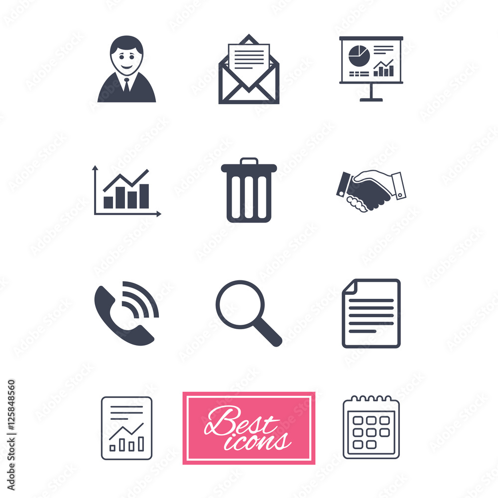 Office, documents and business icons. Businessman, handshake and call ...