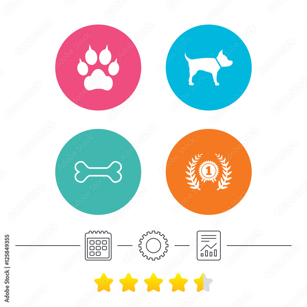 Pets icons. Cat paw with clutches sign. Winner laurel wreath and medal ...