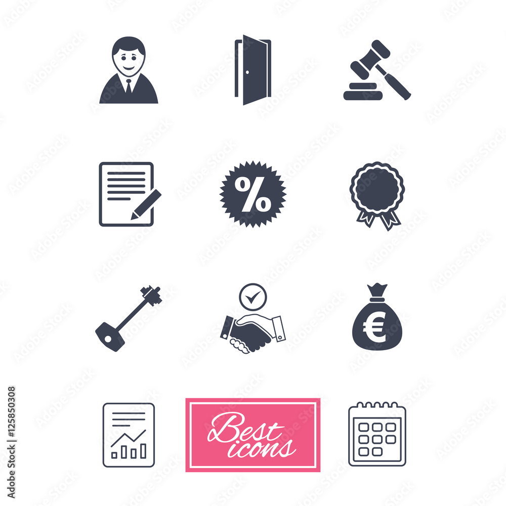 Real estate, auction icons. Home key, discount and door signs. Business ...