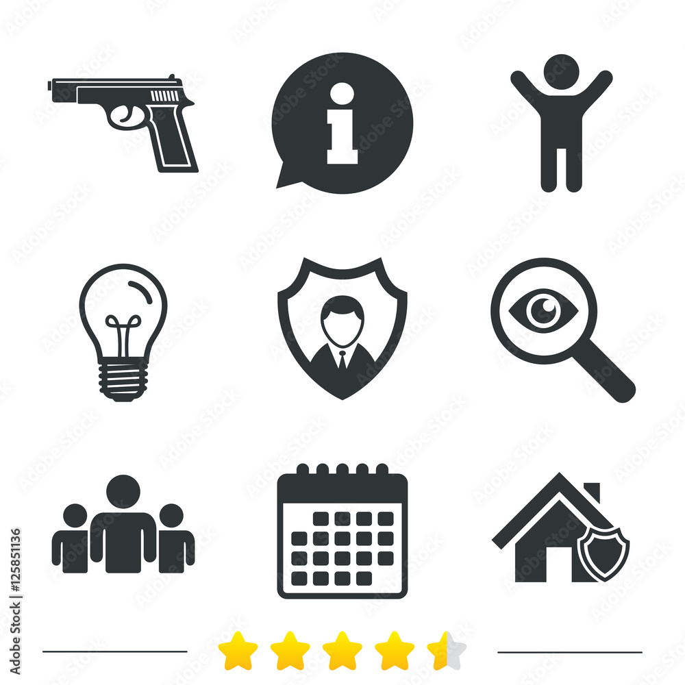 Security agency icons. Home shield protection symbols. Gun weapon sign ...