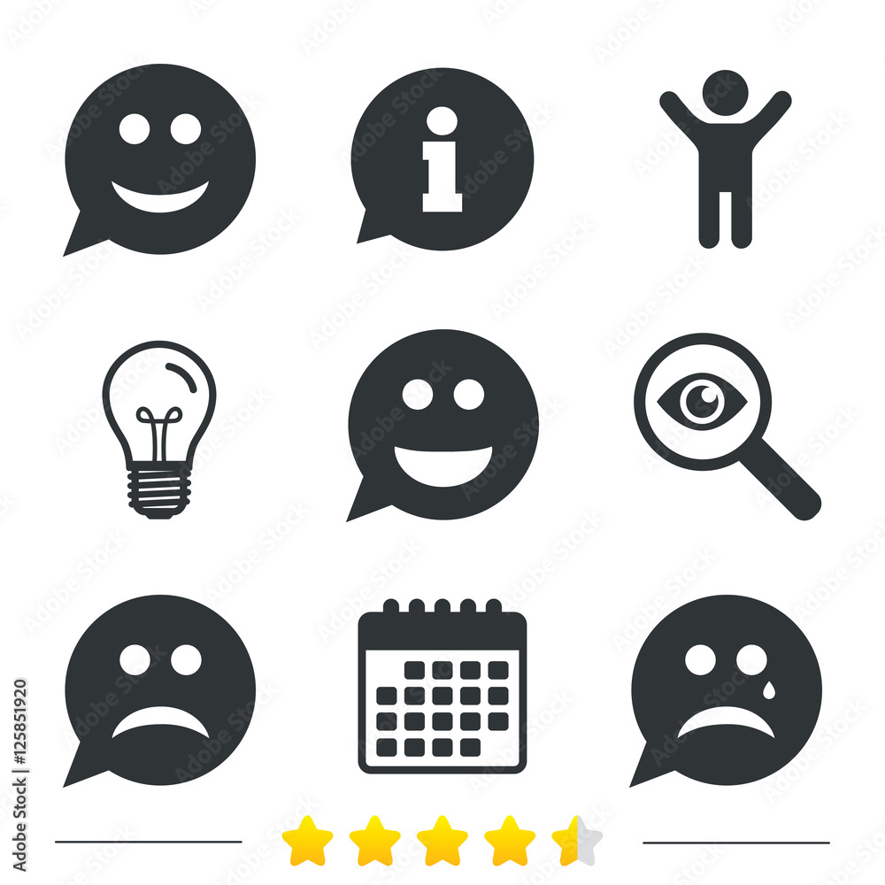 Speech bubble smile face icons. Happy, sad, cry signs. Happy smiley ...