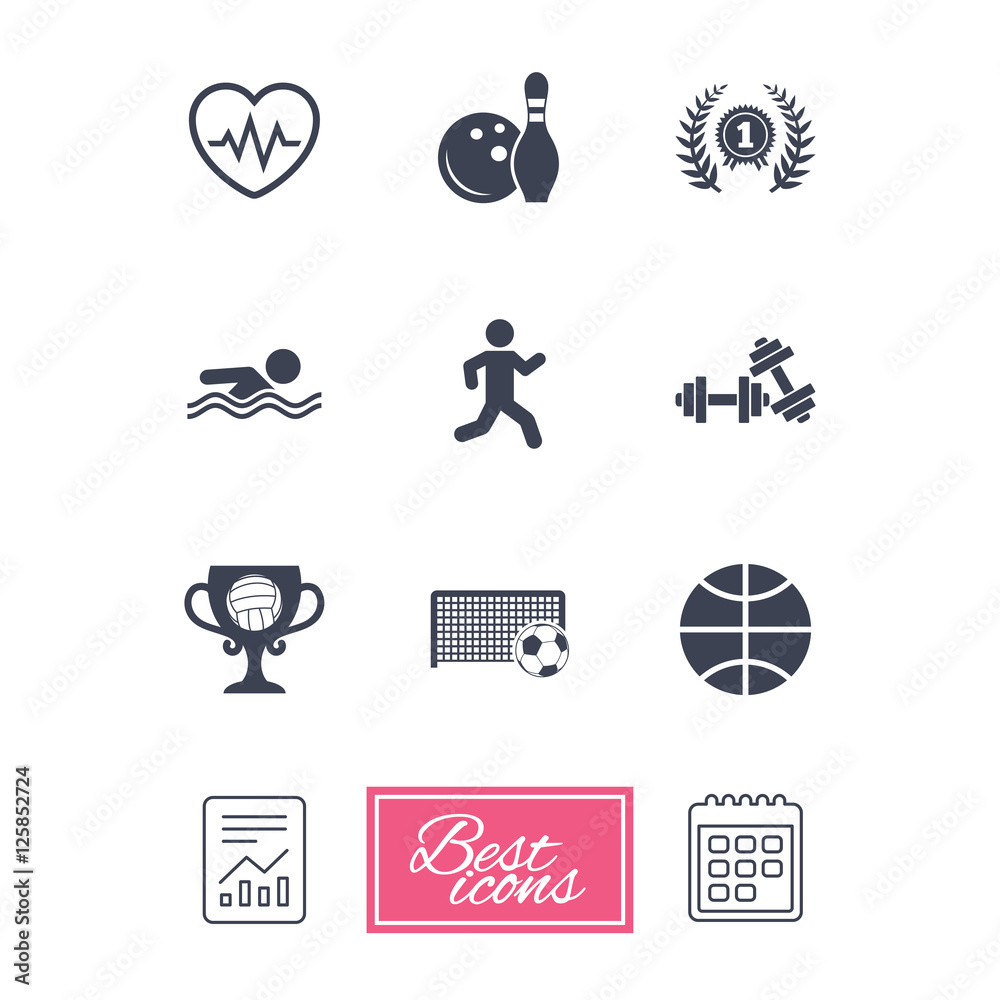 Sport games, fitness icons. Football, basketball and bowling signs ...