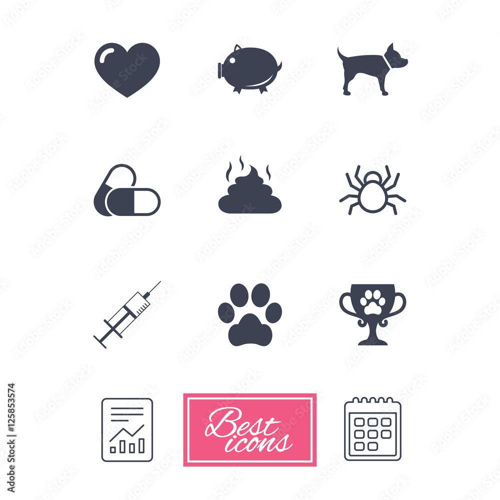 Veterinary, pets icons. Dog paw, syringe and winner cup signs. Pills ...