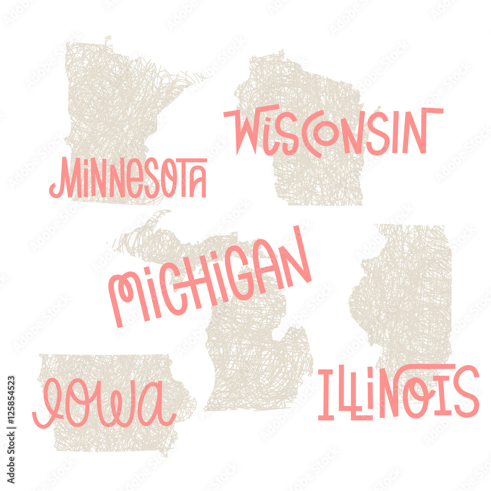 Minnesota, Wisconsin, Michigan,Iowa, Illinois USA state outline Stock ...