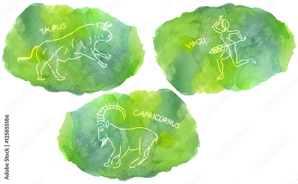 Zodiac Signs triplicity elements of Earth on watercolor background ...